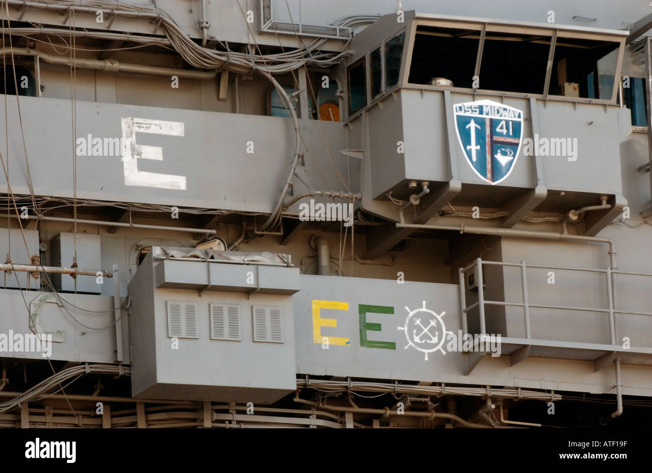 Detail of the tower decks of the aircraft carrier USS Midway now a ...