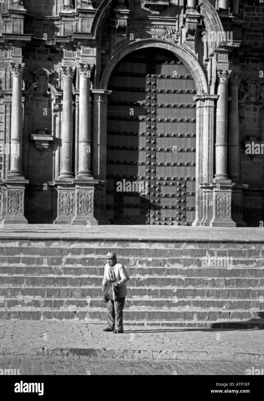 "The 7th Day2" Old man lean on wood stick walk go pass huge Christian ...