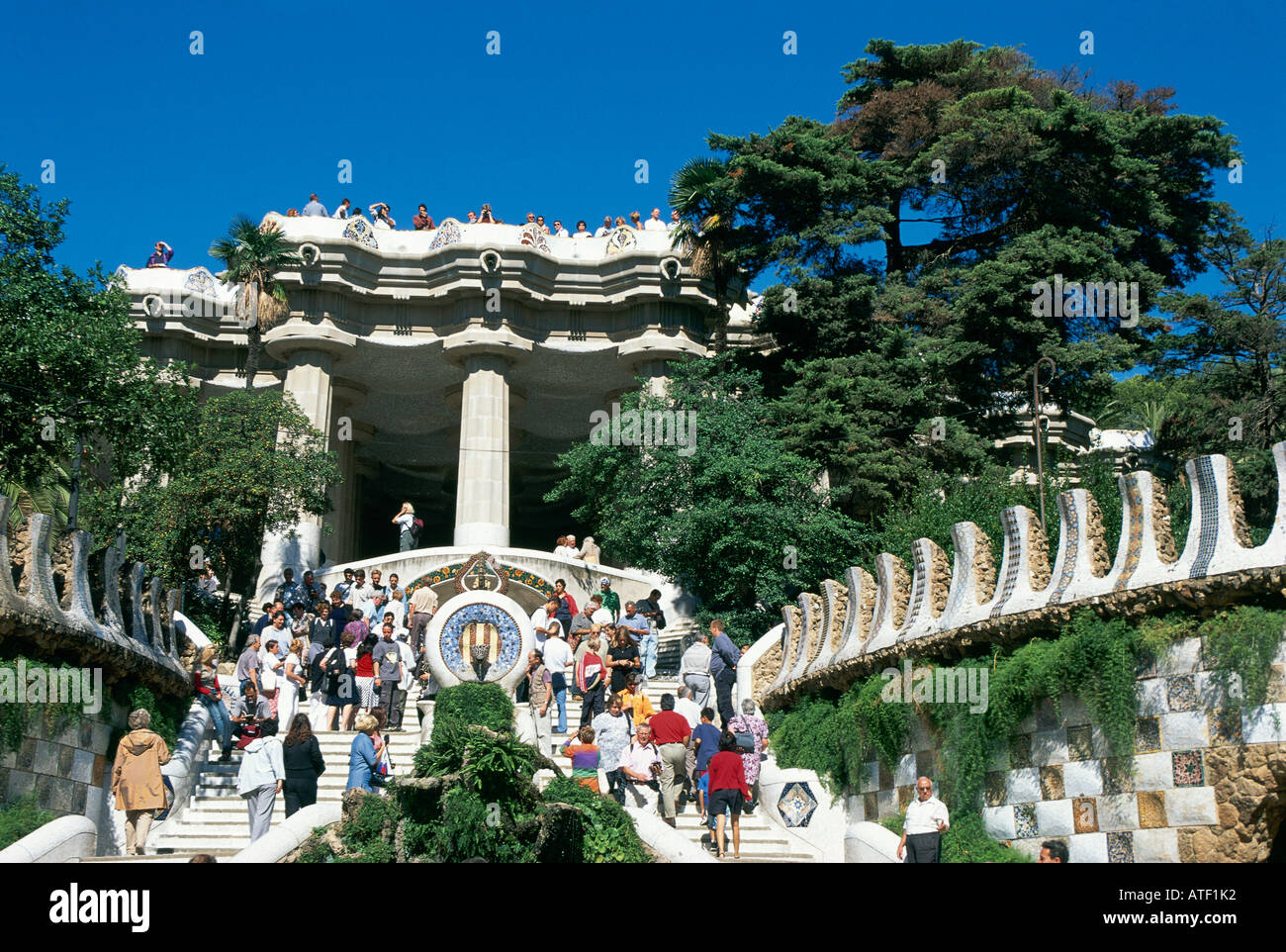 People on the steps of a building at Gaudi s Parc Guell Barcelona Stock ...