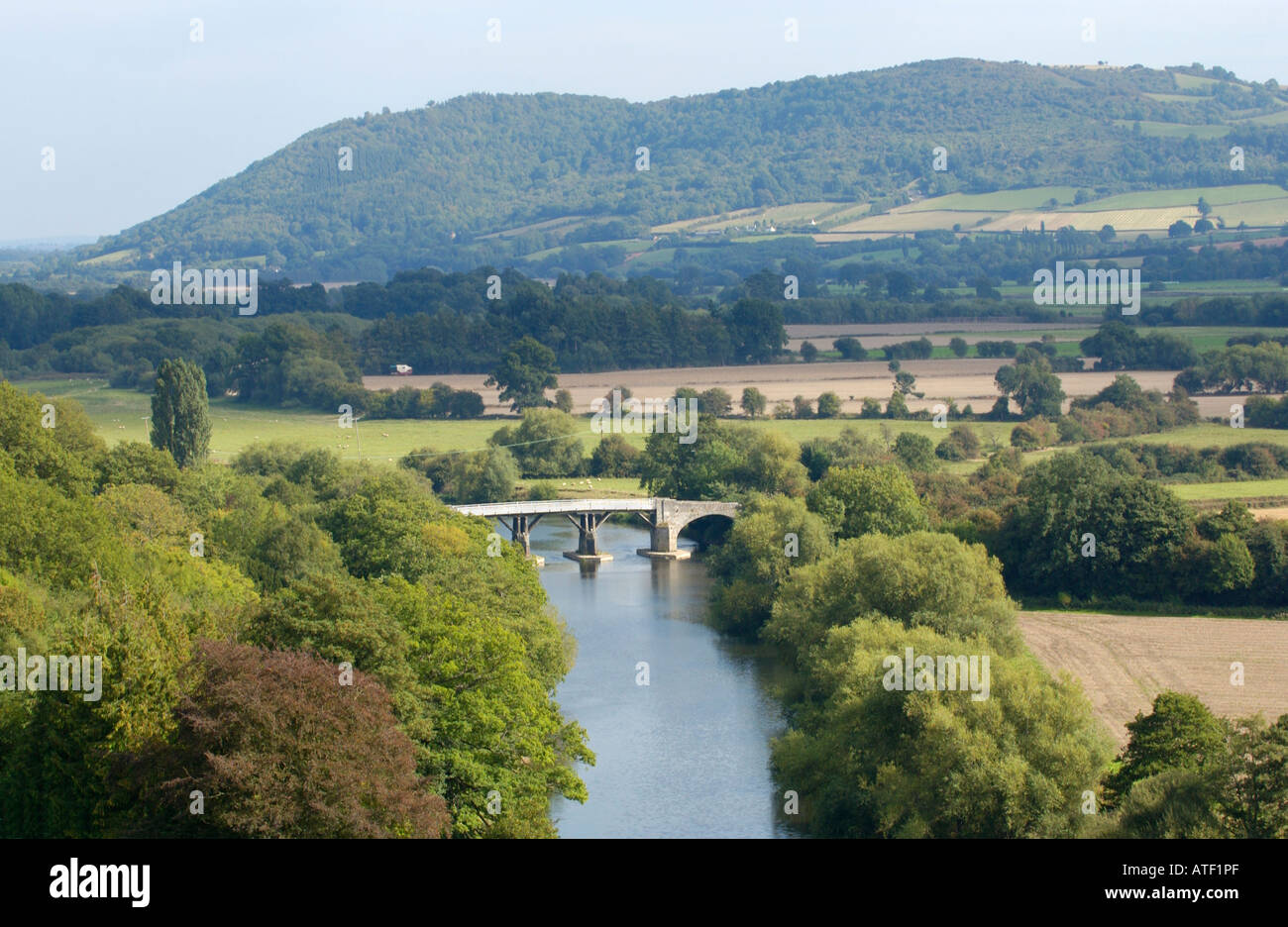 Scenic view of wooden toll bridge over the River Wye at Whitney on Wye ...