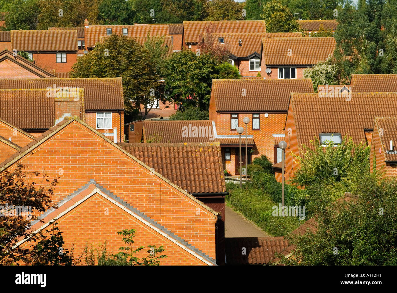 Modern red brick family homes Milton Keynes new town, Buckinghamshire ...