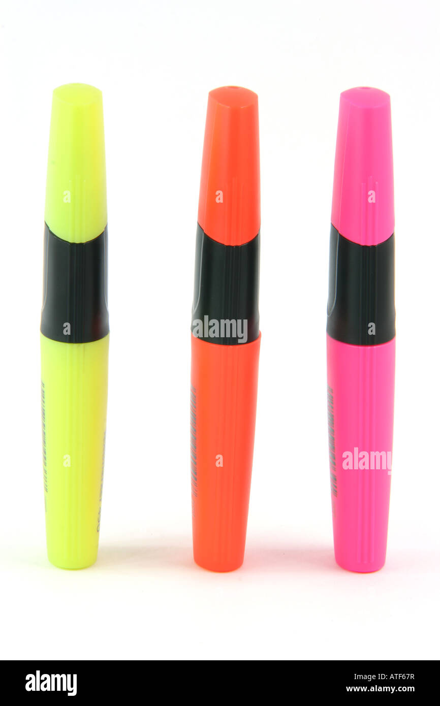 stationery and business objects three highlighters isolated on white ...
