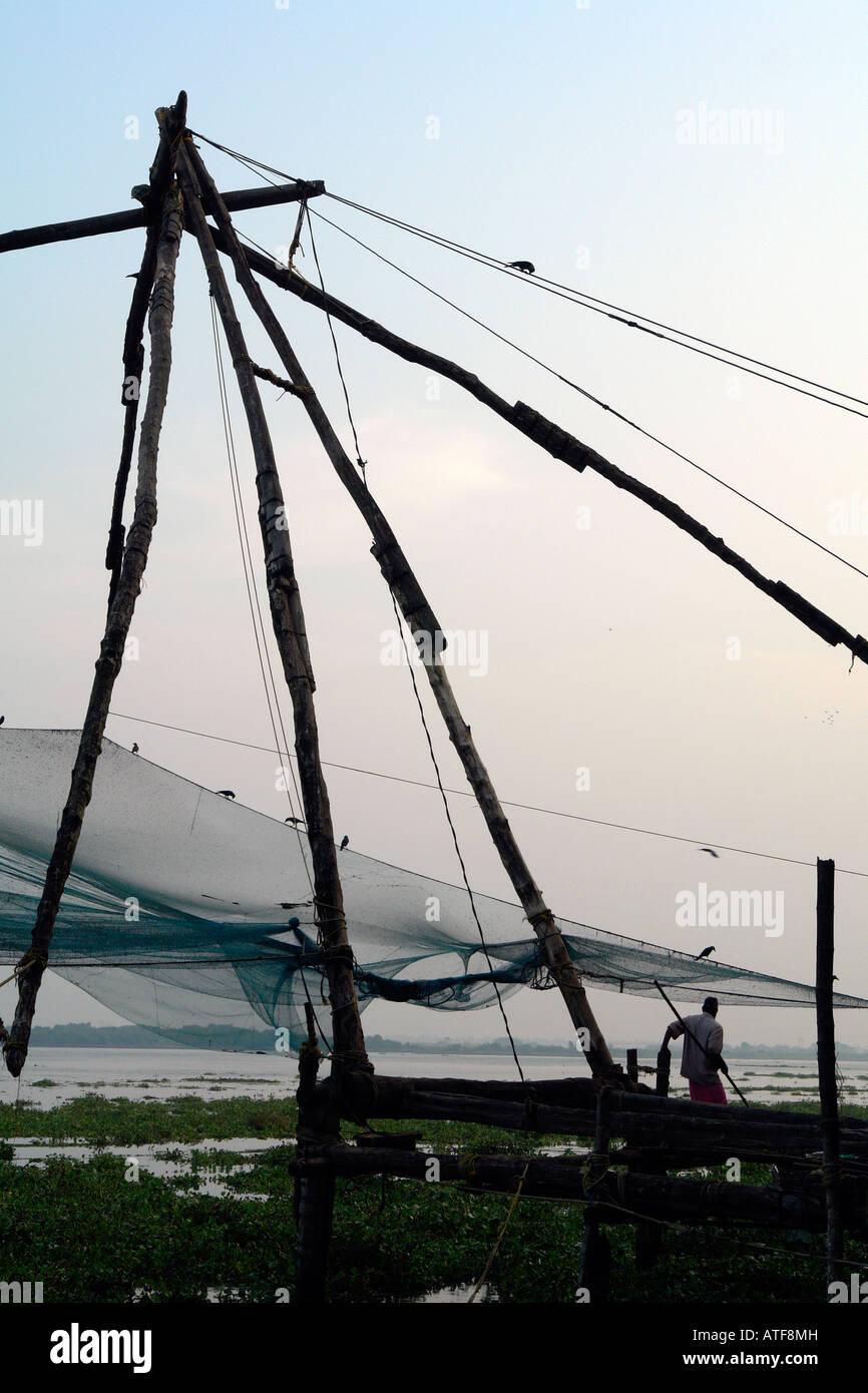 indian fisherman at the traditional chinese fishing nets at kochi india ...
