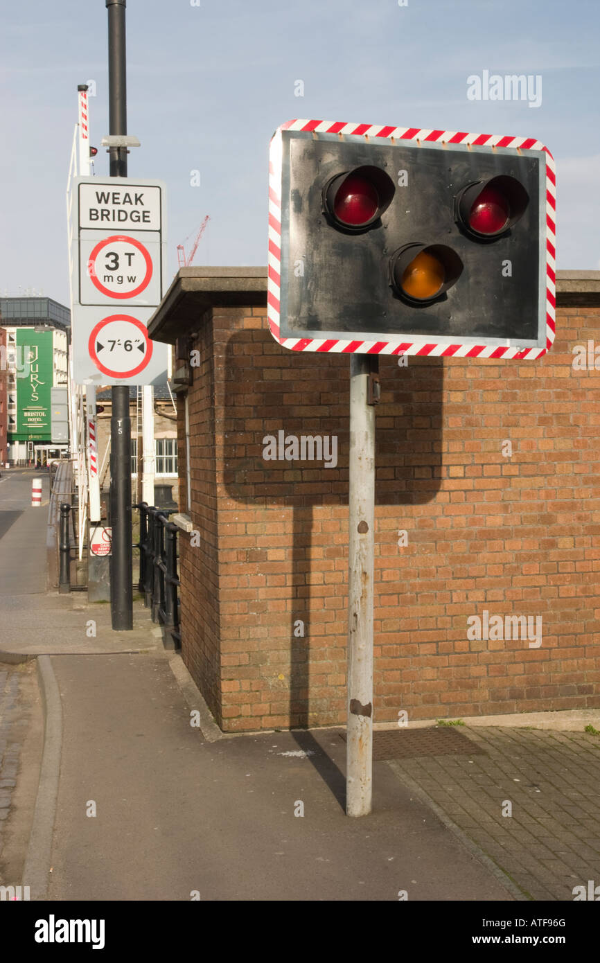 Warning signs and lights for a swing bridge in Bristol Docks Stock ...