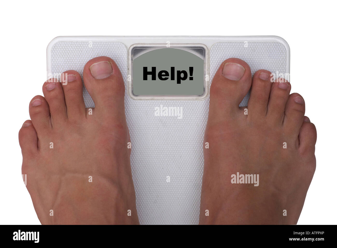 Male feet on a scale Isolated on white background Display showing help ...