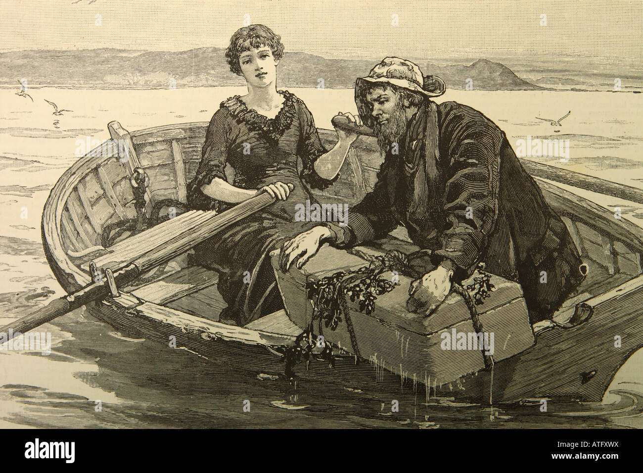 Victorian boating scene woman and old man pulling treasure chest from ...