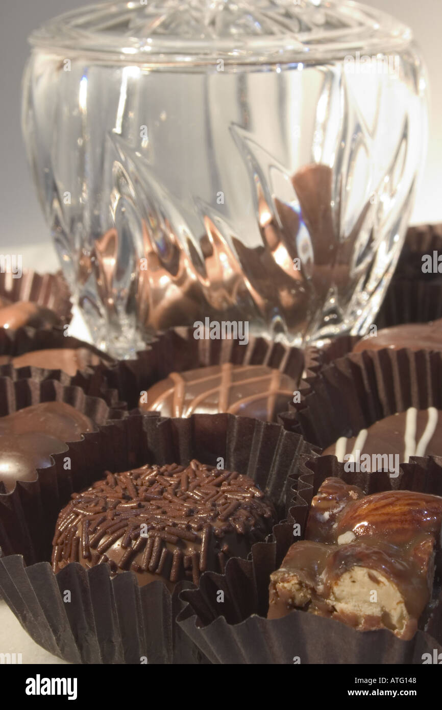 Chocolate Candy and Crystal Dish Stock Photo - Alamy