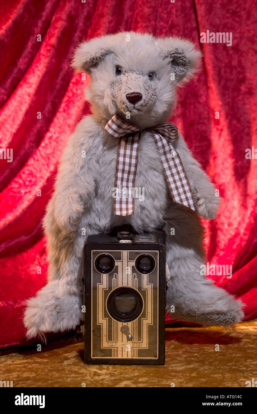 Grey Teddy Bear and Antique Box Camera Stock Photo - Alamy
