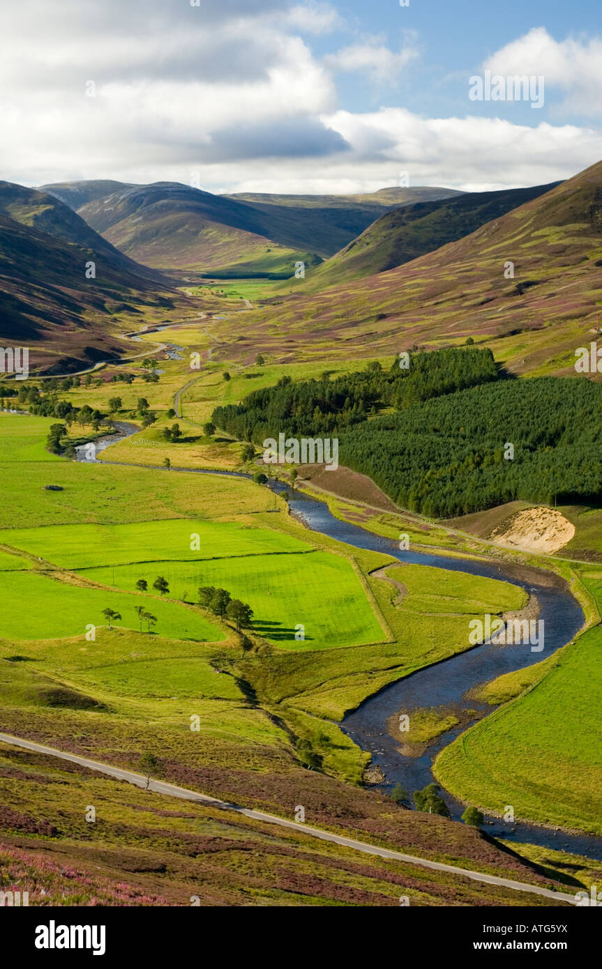 The meandering River Clunie and the A93 road coming down Glen Clunie ...