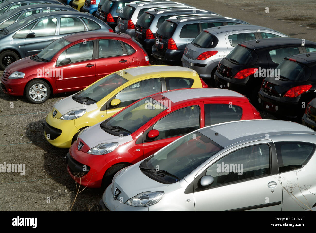 Small Peugeot French Cars Await Export from Calais Northern France ...