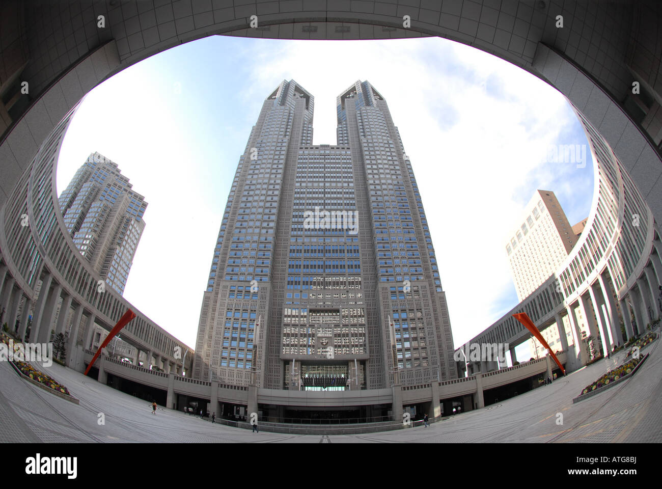 fisheye view of twin tower commercial office space Stock Photo - Alamy