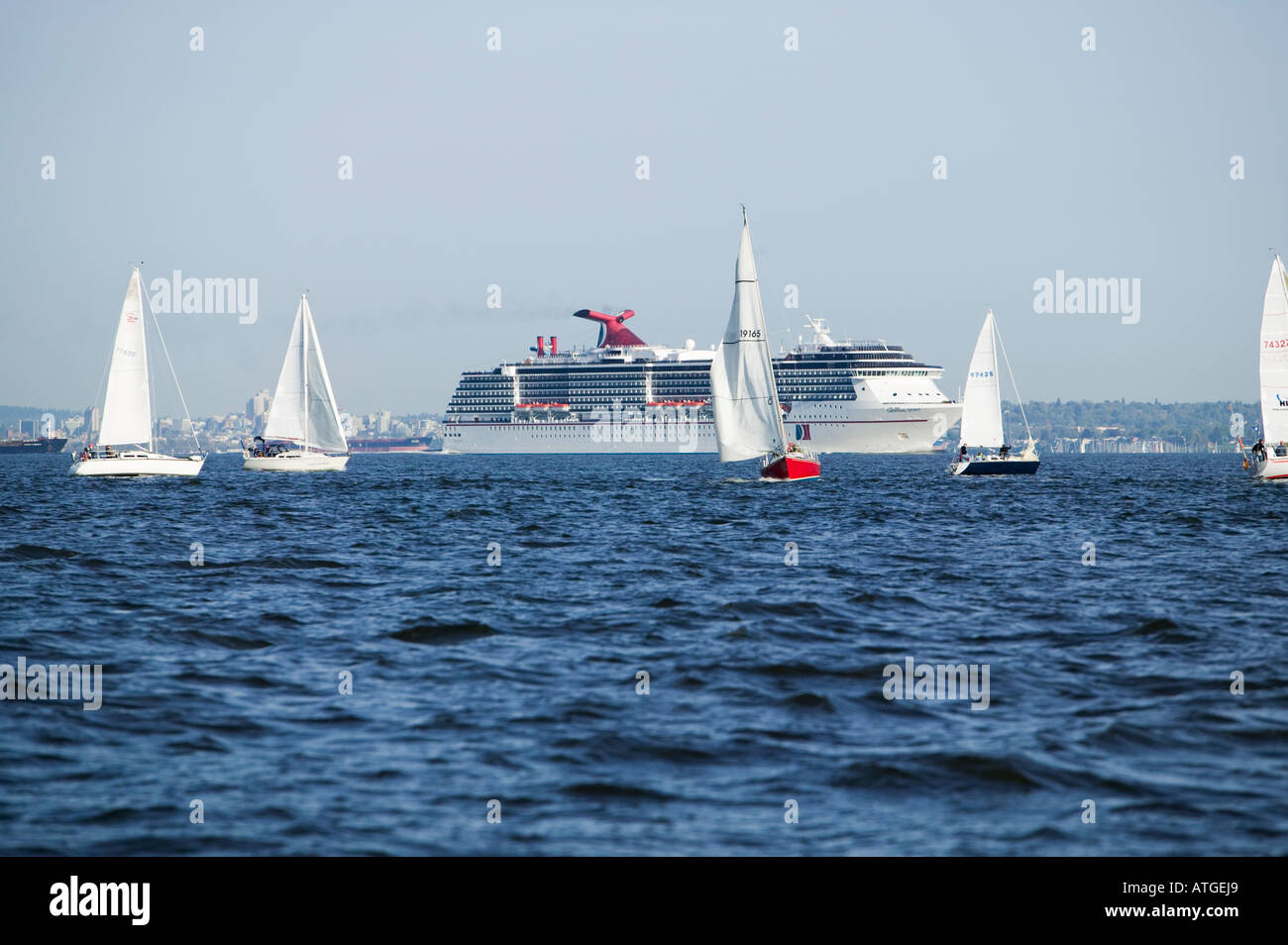 Sailboats in English Bay Vancouver With a Cruise Ship in the Bac Stock ...