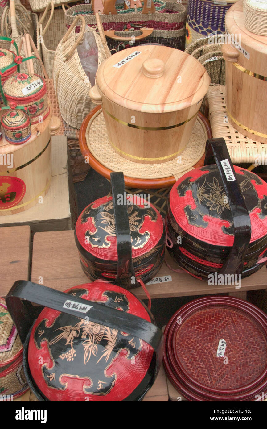 wooden handicraft containers and baskets Stock Photo - Alamy