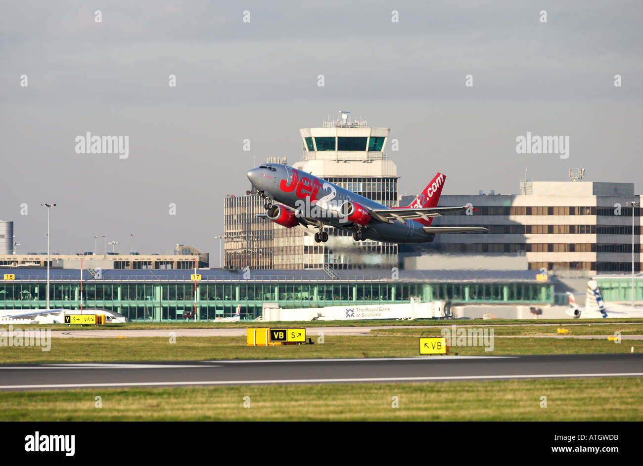 Jet2 at Manchester Airport infront of the atc contraol tower Stock ...