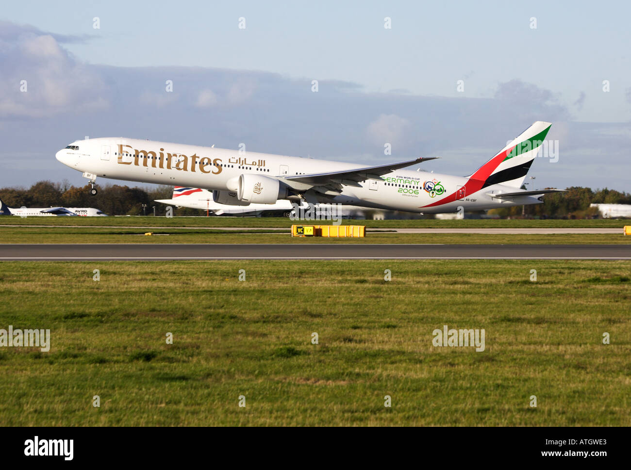 Emirates at Manchester Airport infront of the atc control tower Stock ...