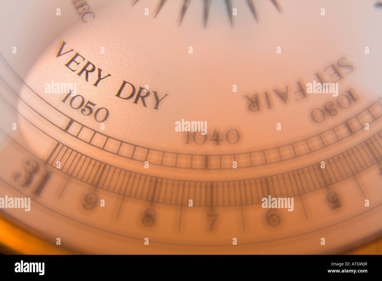Close-up of barometer showing VERY DRY Stock Photo - Alamy