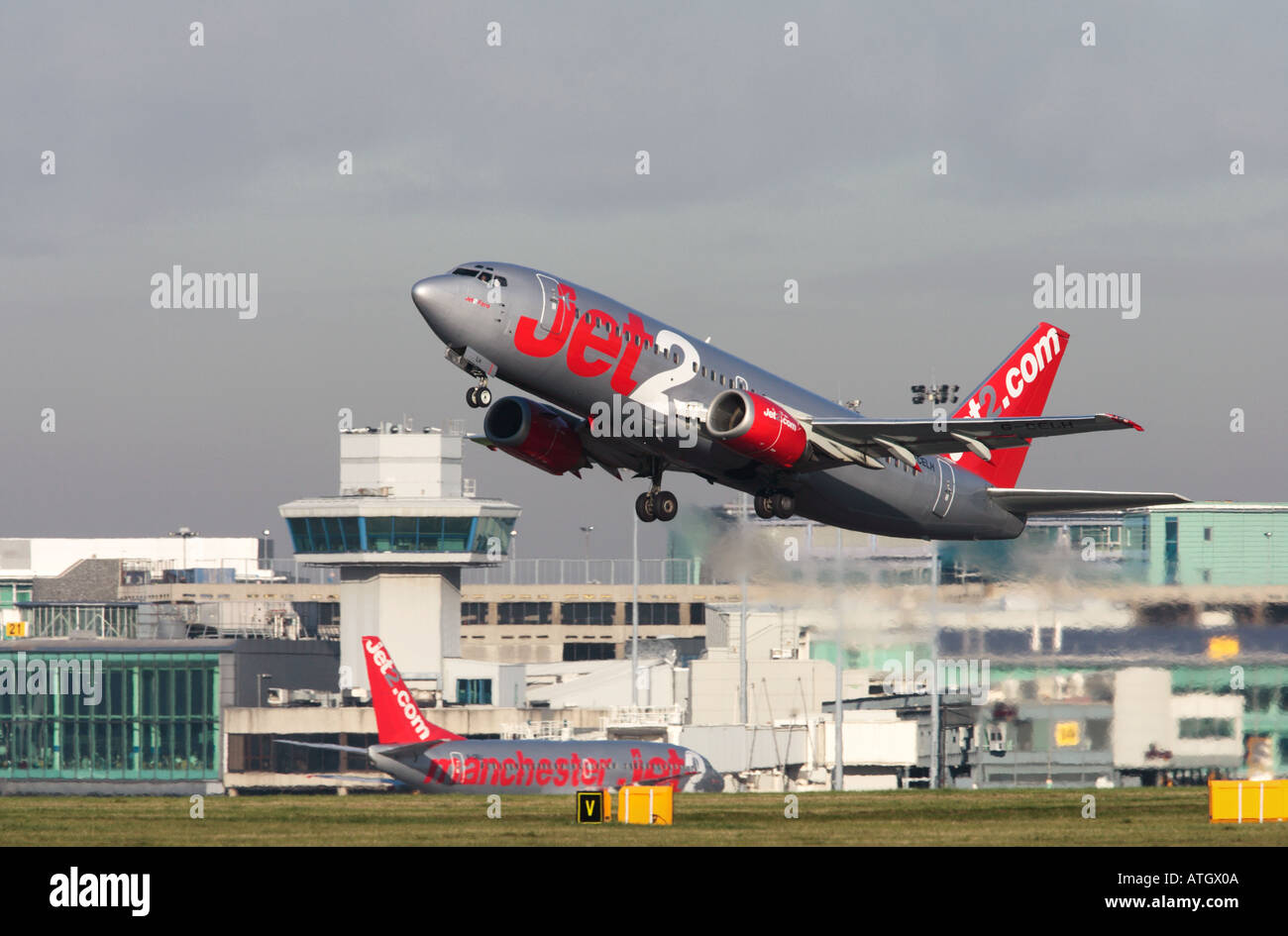 Jet 2 at Manchester Airport atc tower Stock Photo - Alamy