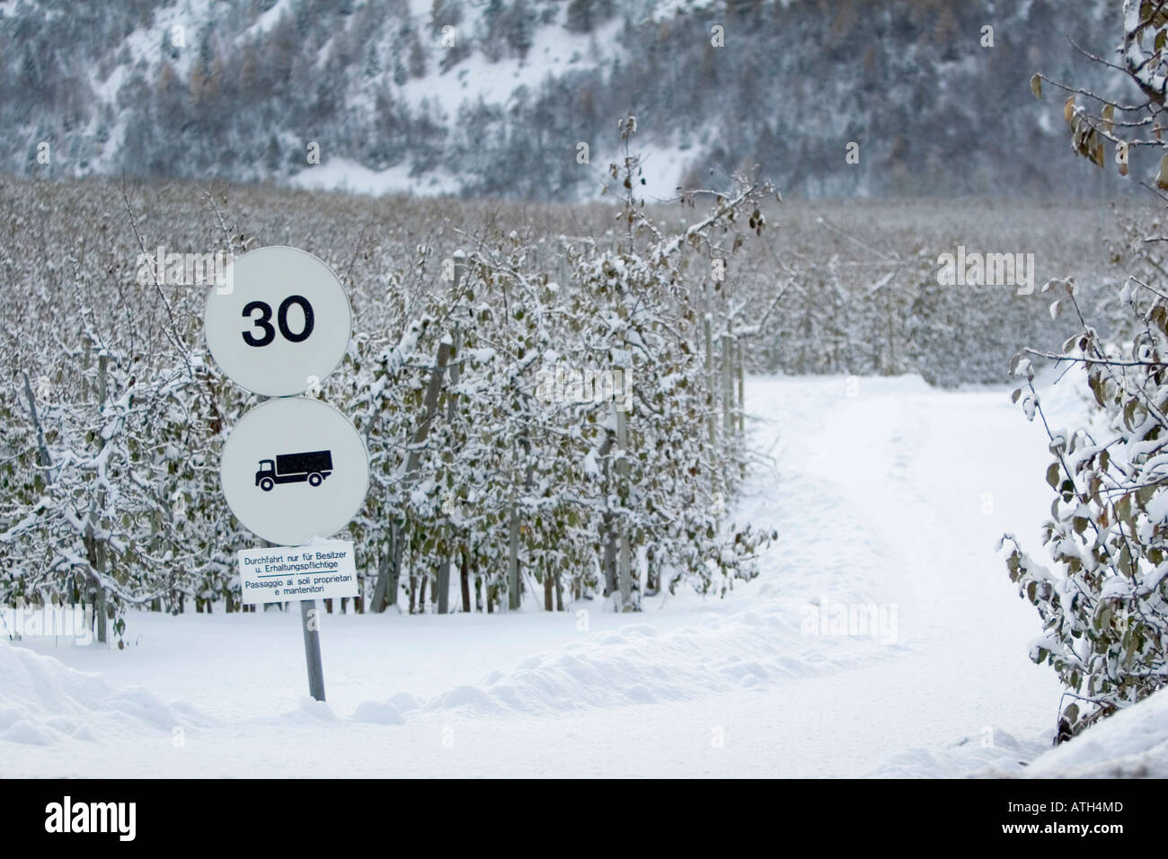 30 km speed sign on road which is inaccessible due to too much snow ...