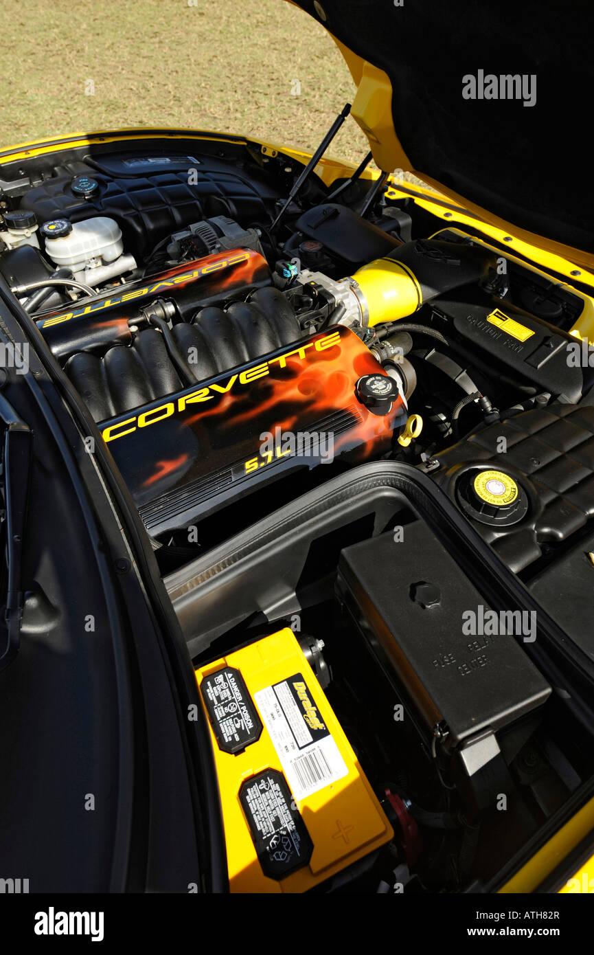 Historic Chevy Chevrolet Corevette sports automobile engine compartment ...