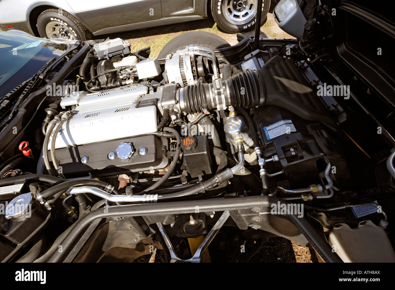 Historic Chevy Chevrolet Corevette sports automobile engine compartment ...