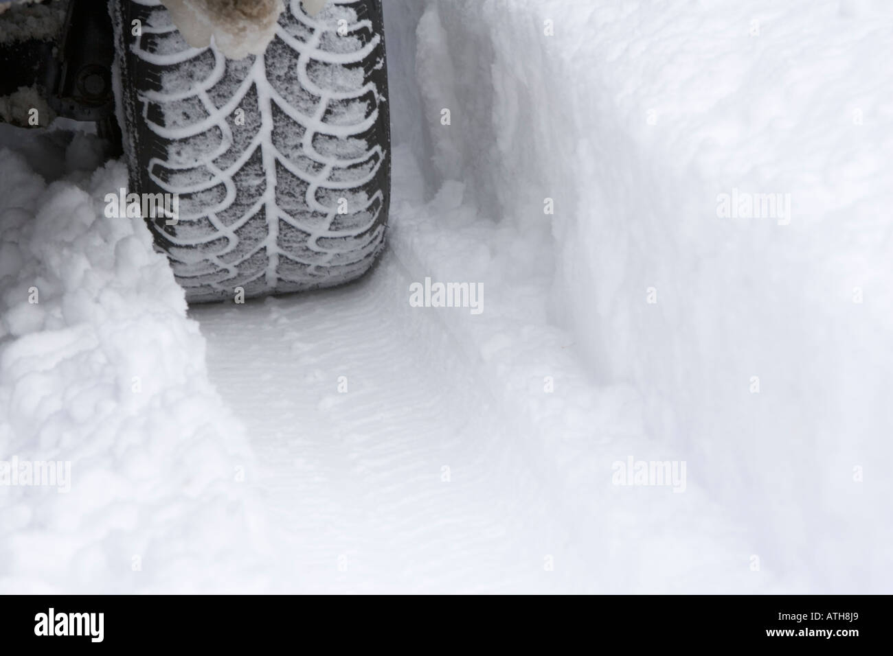 Car wheel making deep tracks in snow Stock Photo - Alamy