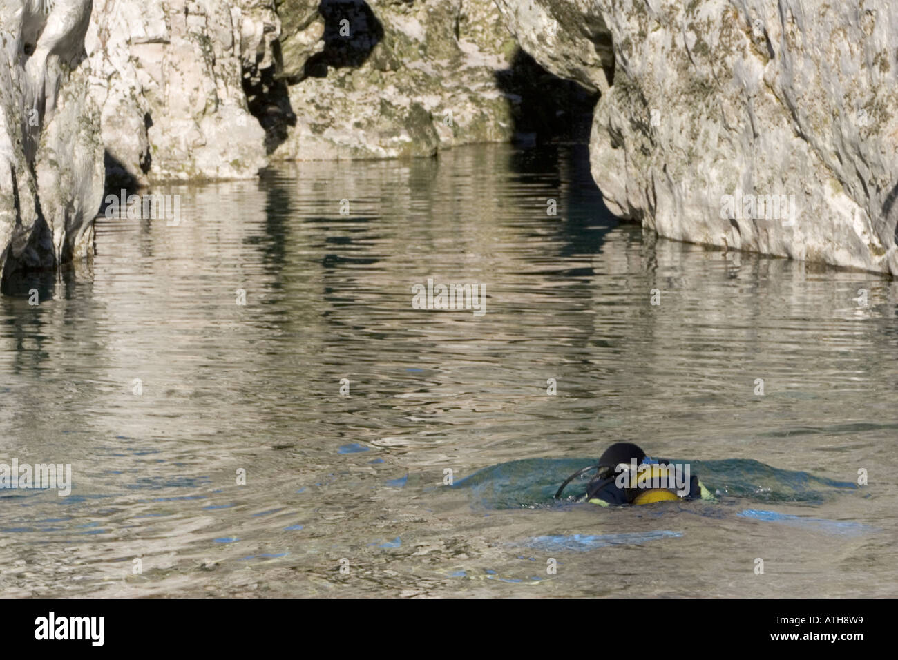 Scuba diver in river Stock Photo - Alamy