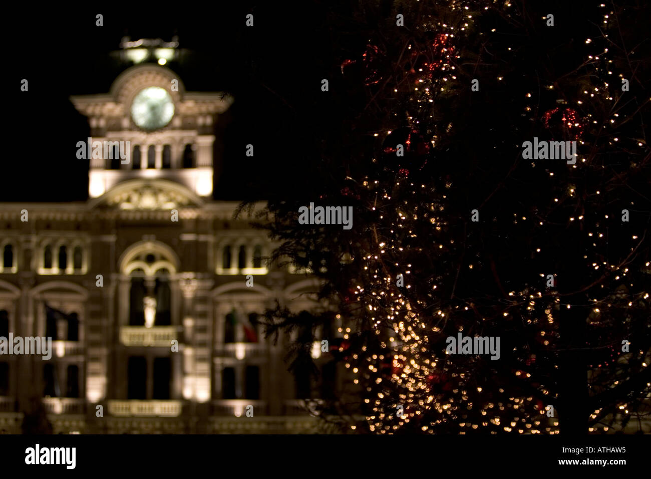 Christmas lights and clock tower in Trieste, Italy Stock Photo - Alamy