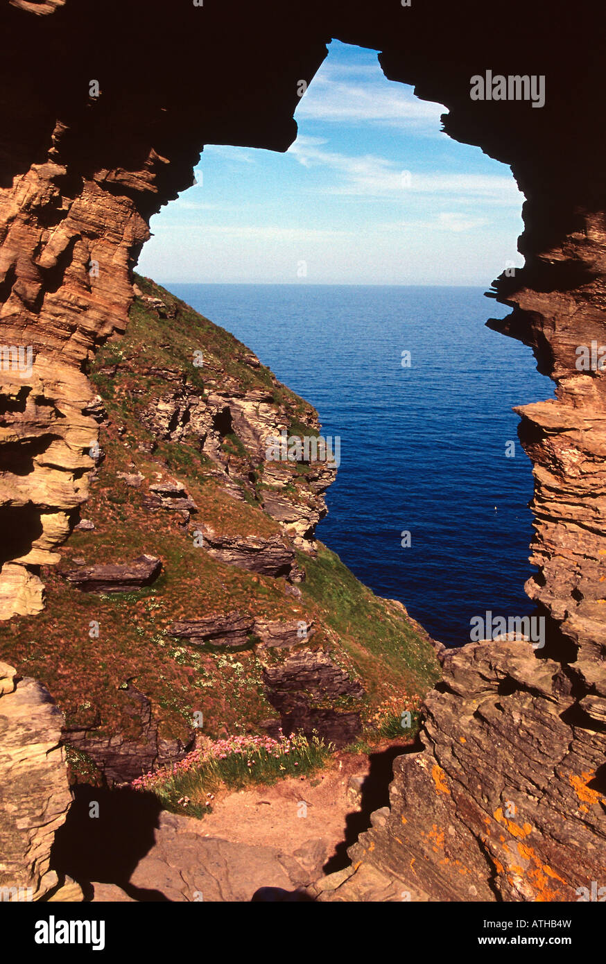 Ladies Window Rock Arch view through to cornish coast england gb Stock ...