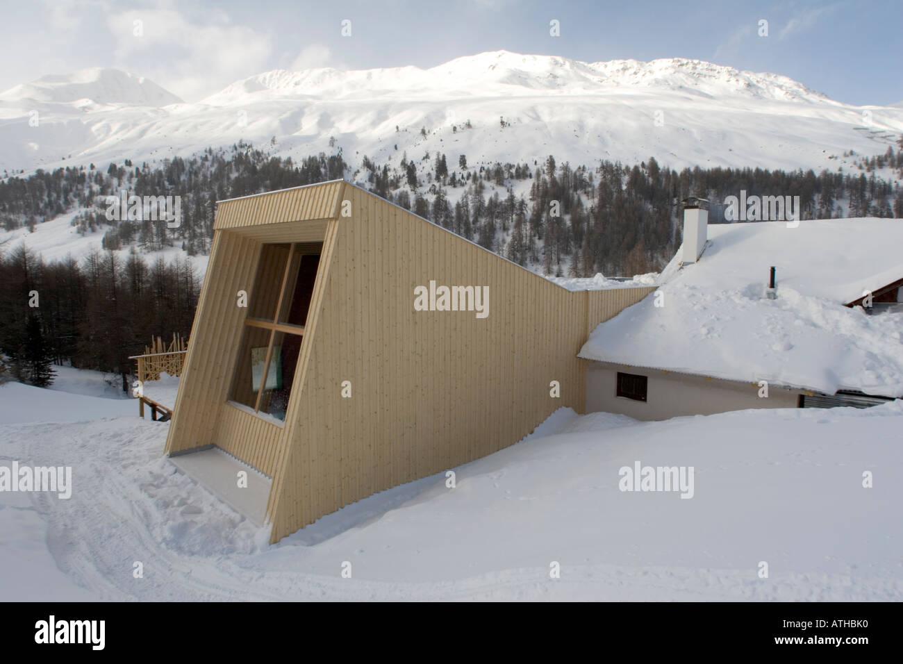 Modern design of timber constructed ski hut, South Tyrol, Italy Stock ...