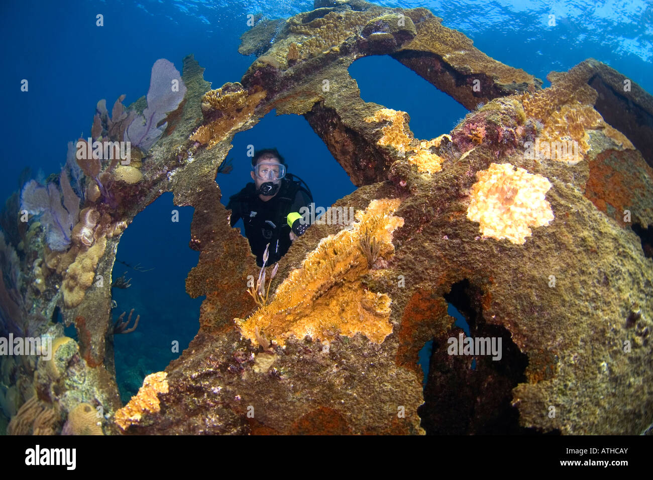 Scuba diver in shipwreck in the Caribbean, St, Statia, ocean, sea ...