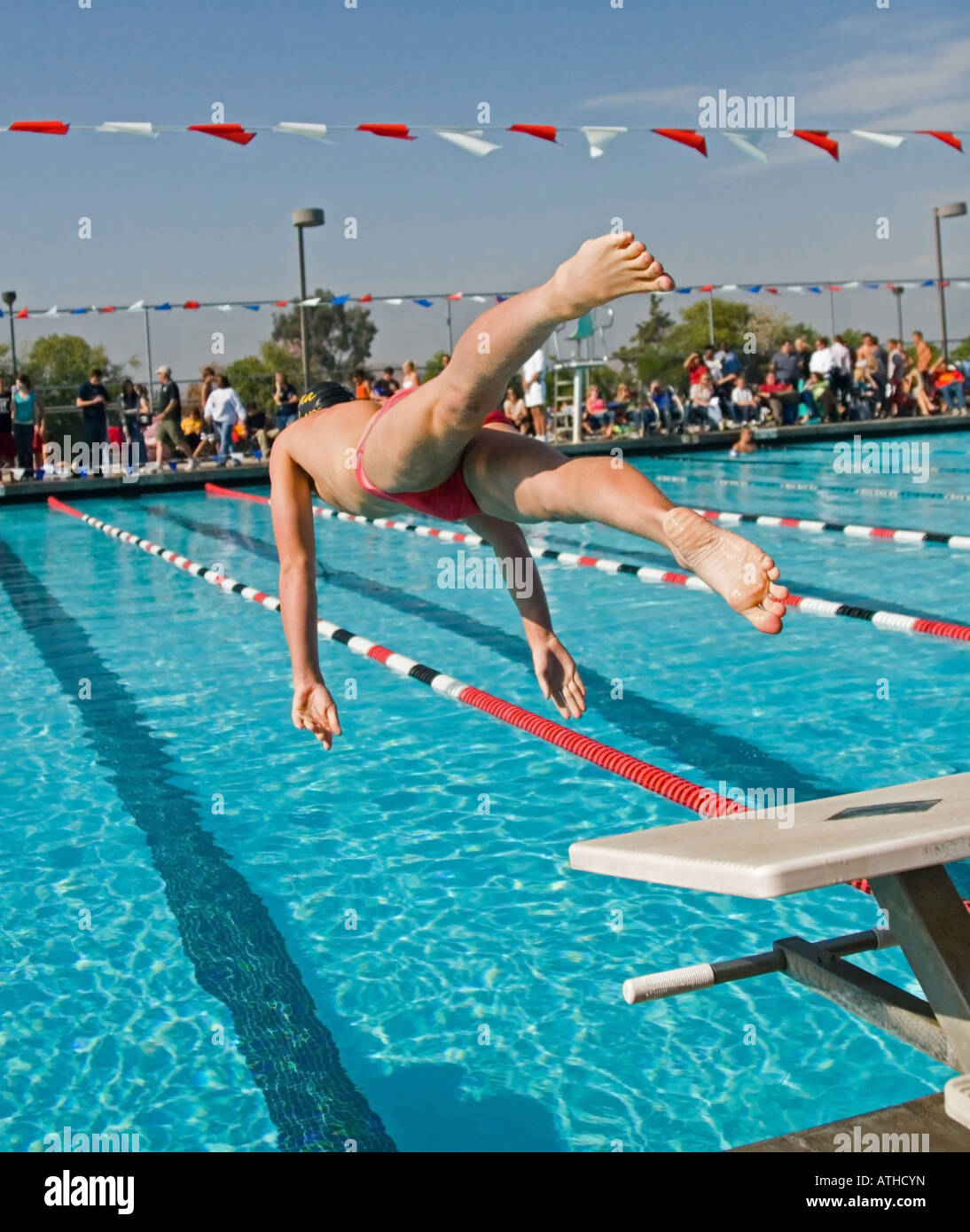 The swimmers compete hard in the high school league championships Stock ...
