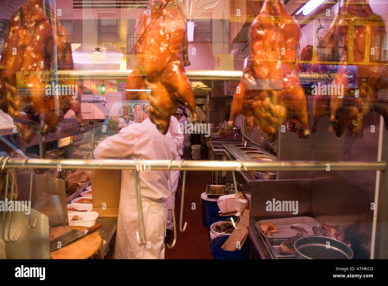 Duck hanging from a restaurant window in Chinatown, New York City Stock ...