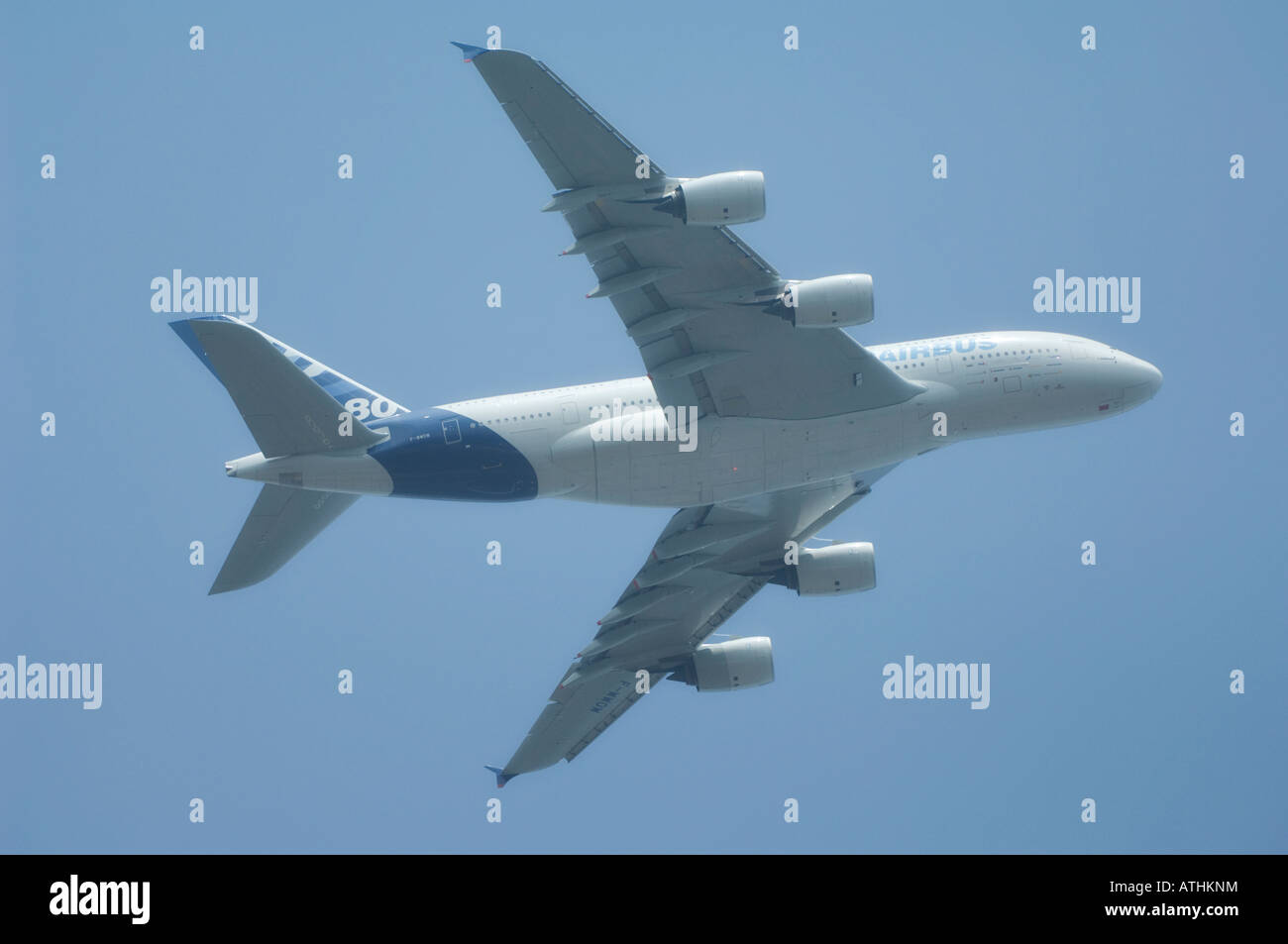 A380 Airbus from below, flying overhead Stock Photo - Alamy