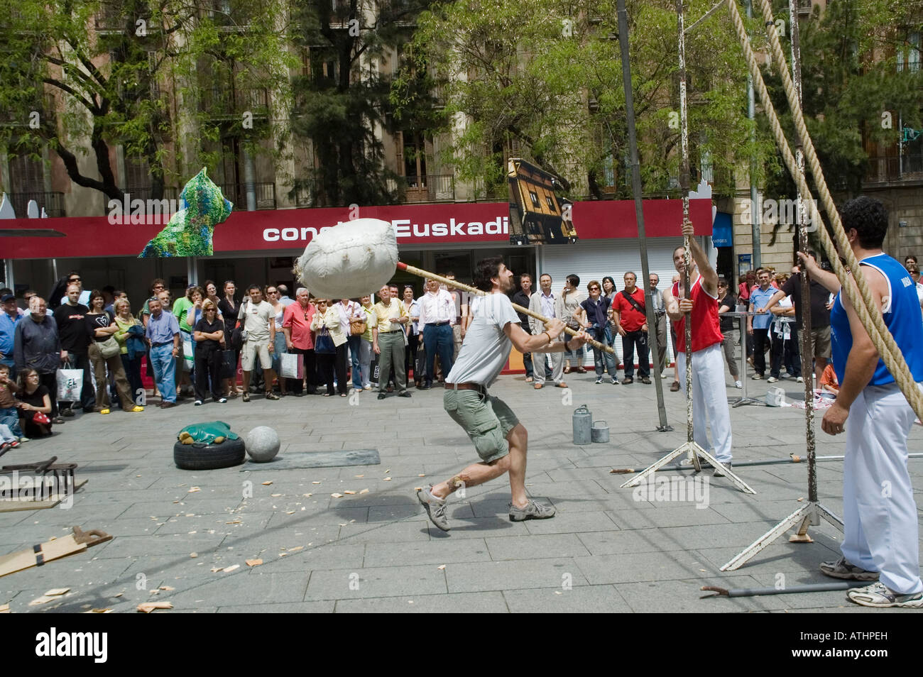 Basque traditional sports exhibition. Cathedral square, Barcelona ...
