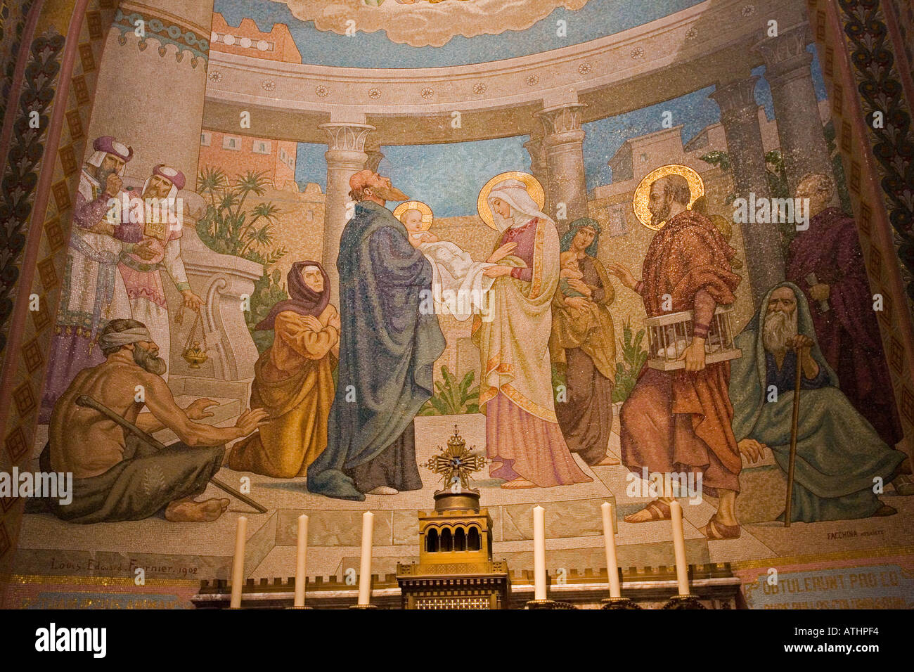 Mosaic of infant Christ in the temple Lourdes Basilica France Stock ...