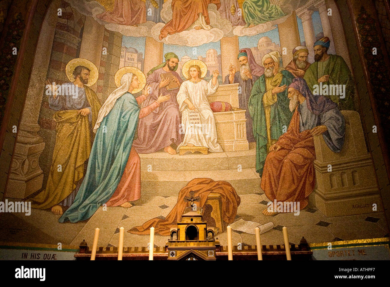Mosaic of the boy Christ teaching in the temple Lourdes Basilica France ...