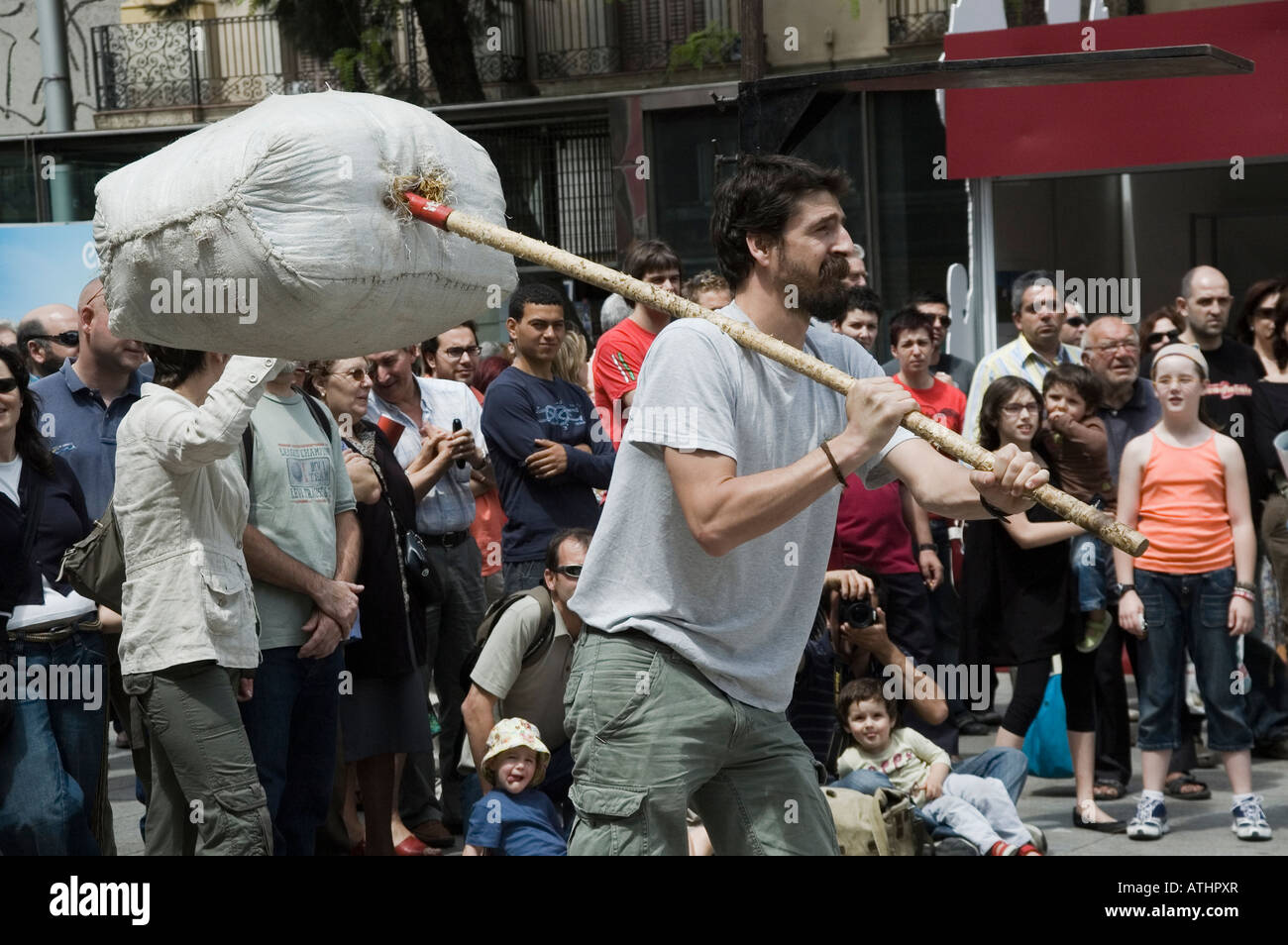 Basque traditional sports exhibition. Cathedral square, Barcelona ...