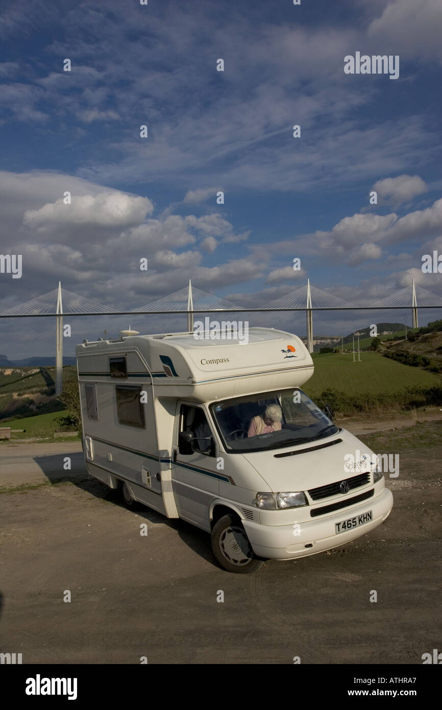 Calypso motor caravan with Millau viaduct spanning the Tarn Gorge in ...