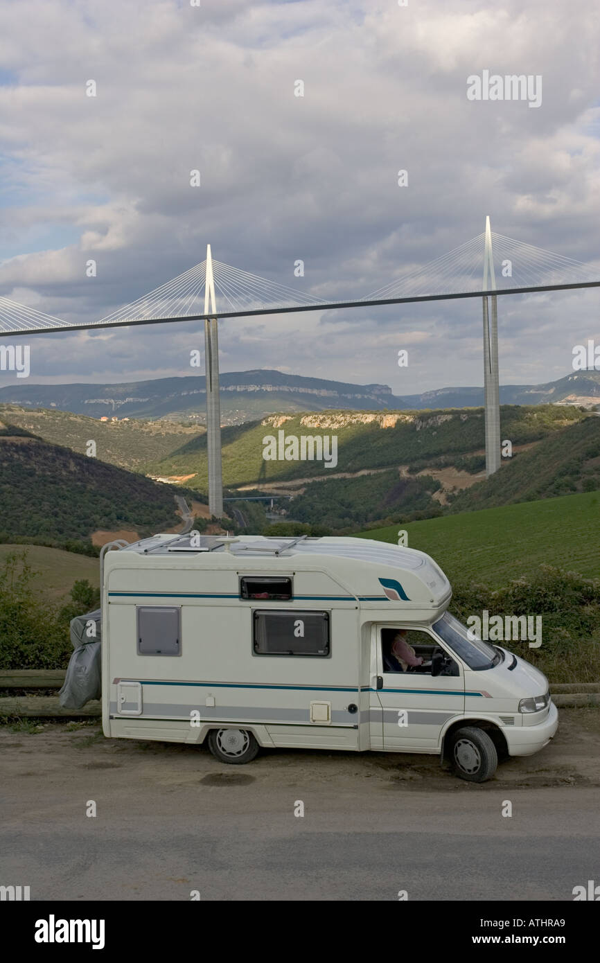 Calypso motor caravan with Millau viaduct spanning the Tarn Gorge in ...