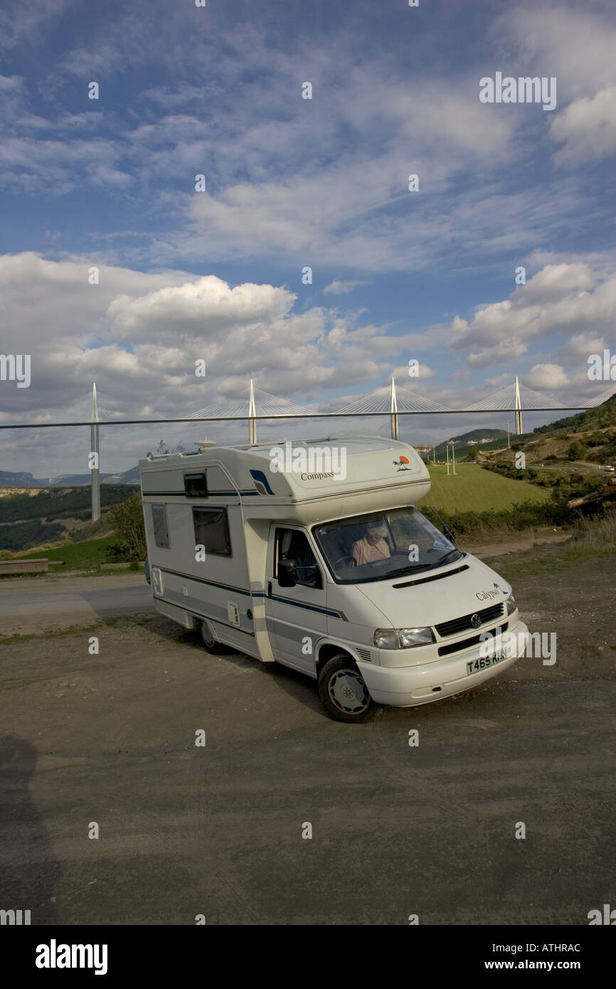Calypso motor caravan with Millau viaduct spanning the Tarn Gorge in ...