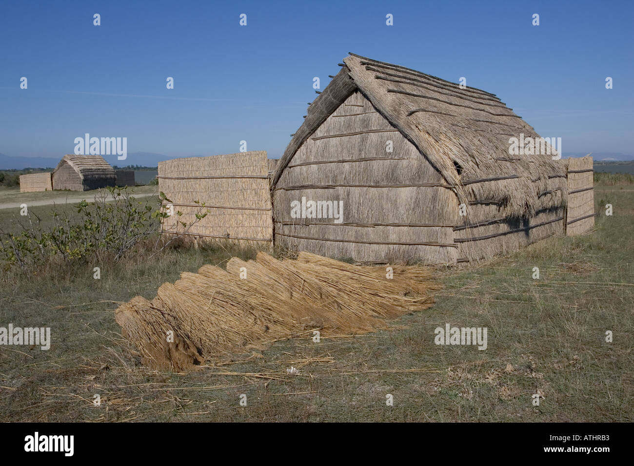 Traditional fishermens huts woven from reeds on shore of Etang de Canet ...