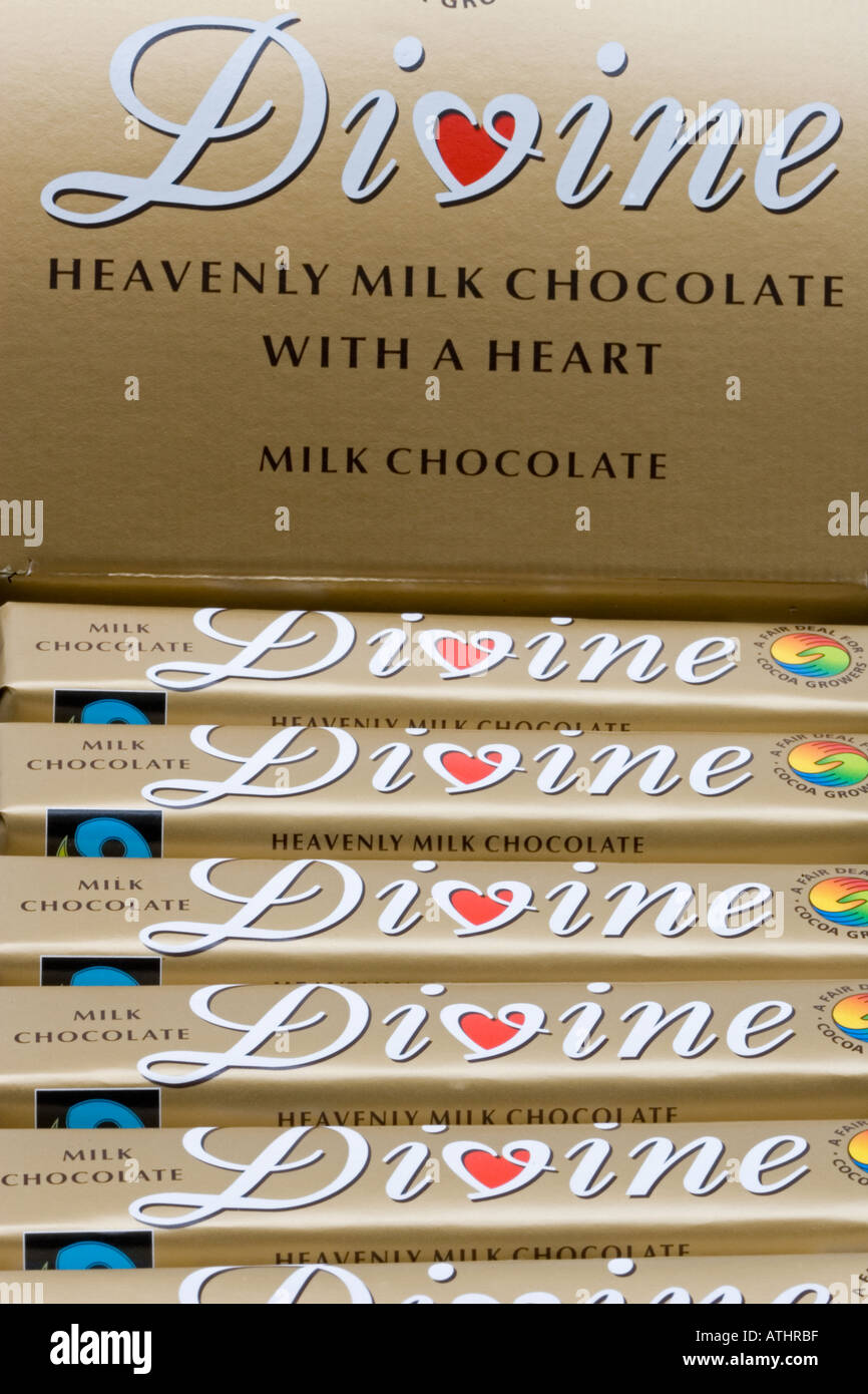 Box of bars of fair traded Divine chocolate with Fairtrade logo Stock ...