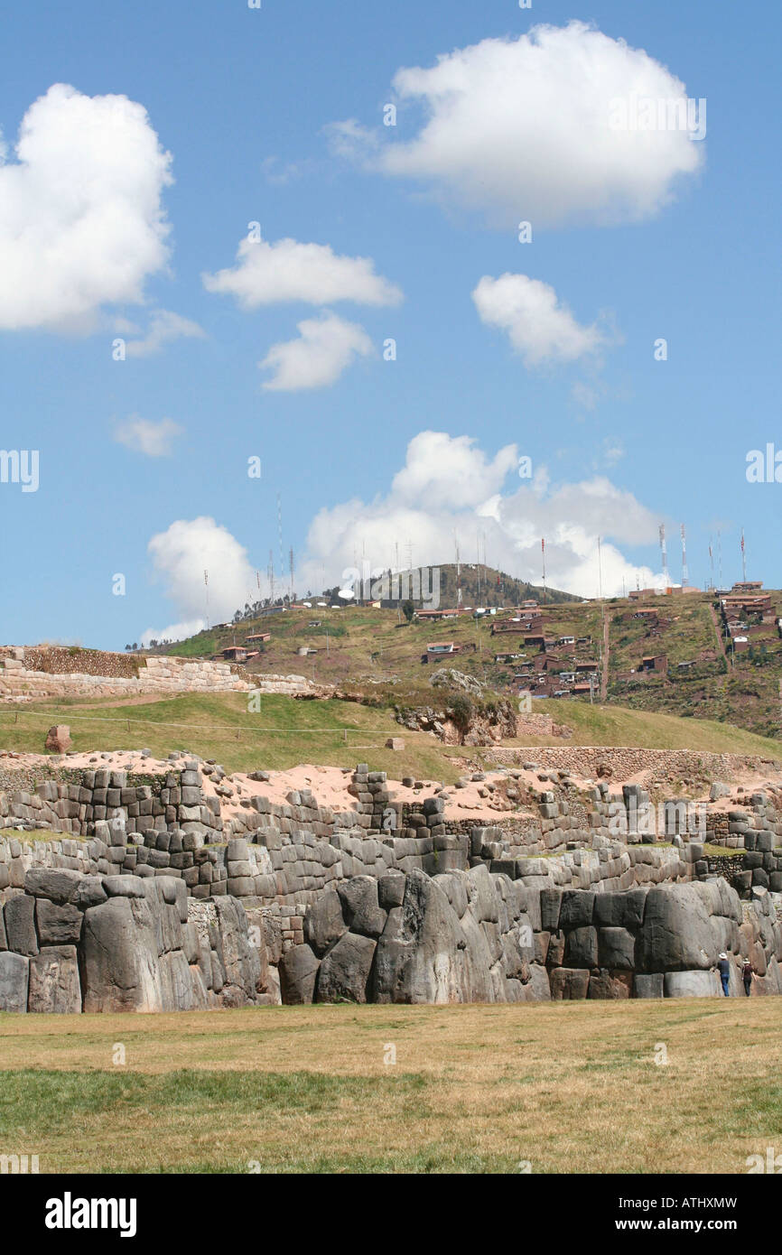 Inca carved stone walls at the military fort of Sacsayhuaman ruins in ...