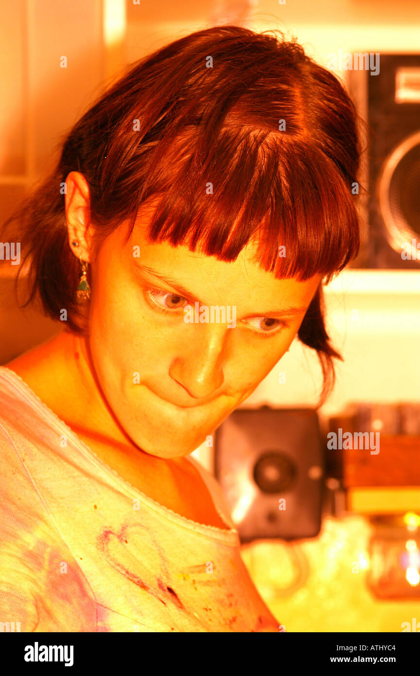 Imp expression portrait, fine dainty girl face Stock Photo - Alamy