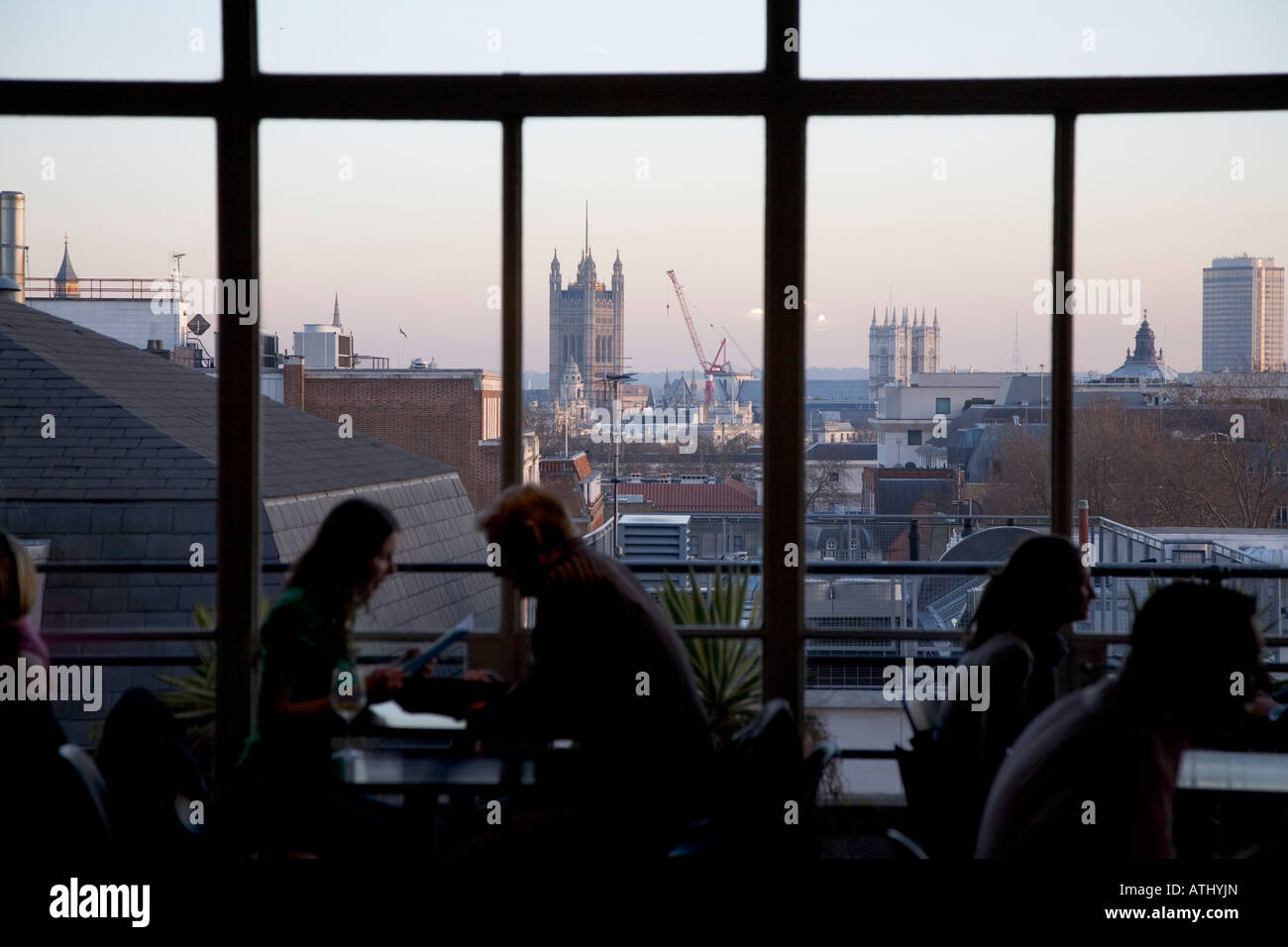 Rooftop cafe offering a backdrop view of the Houses of Parliament on a ...