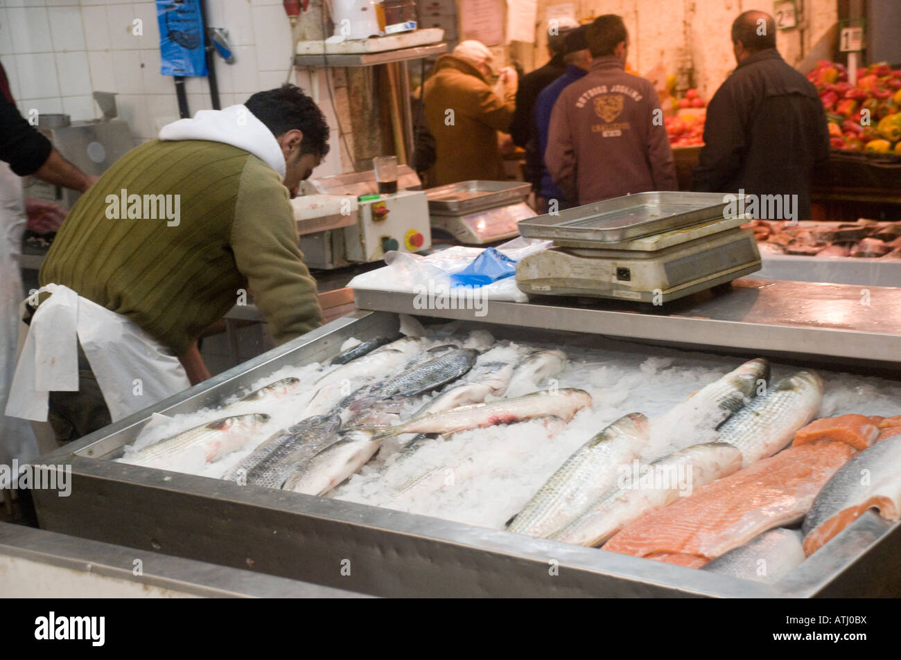 Israel Jerusalem Machane Yehuda market at night A stall selling fish ...