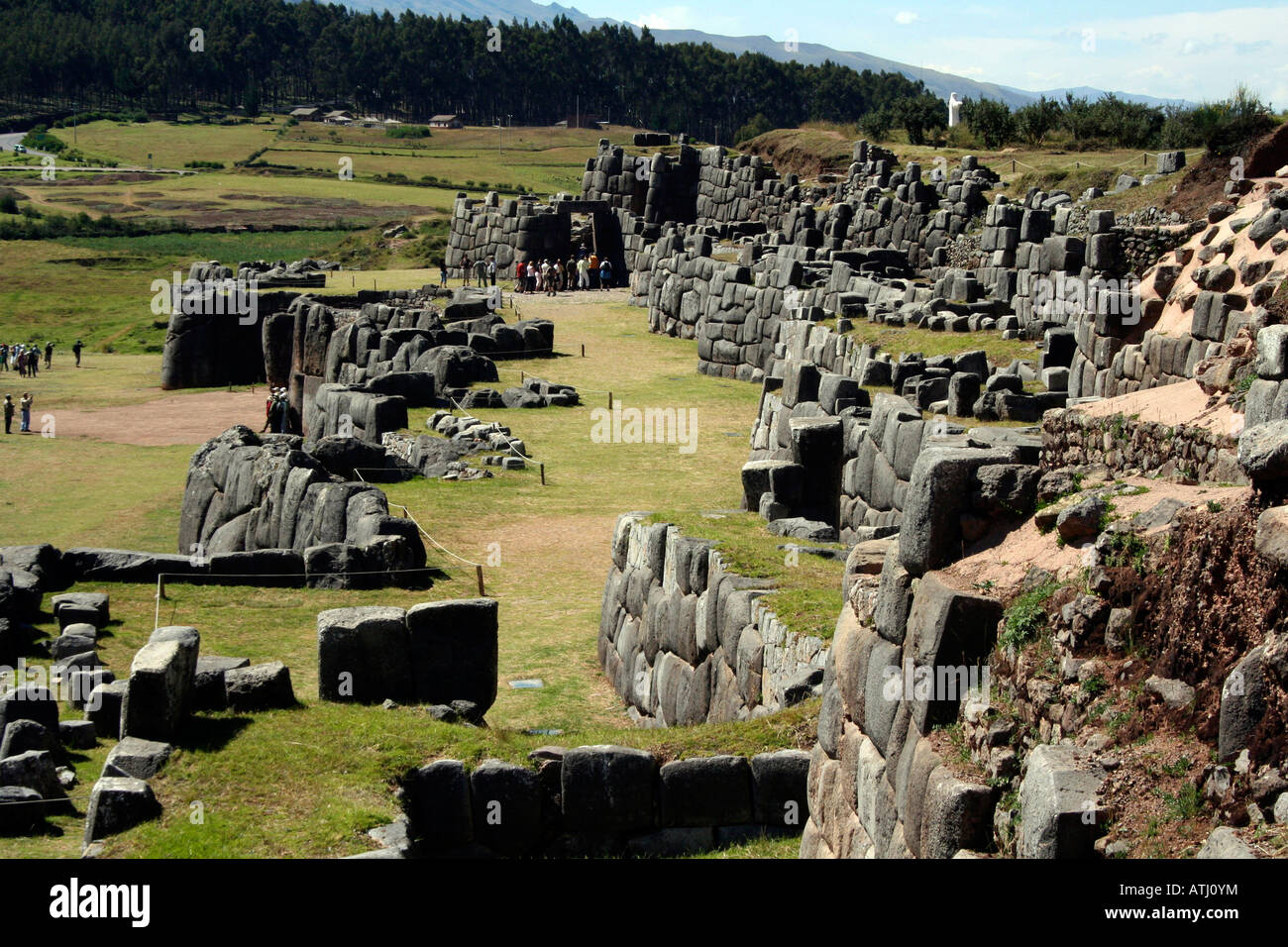 Inca carved stone walls at the militray fort of Sacsayhuaman ruins in ...