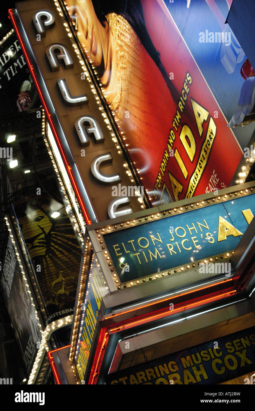 Neon signs of Palace Theatre in Times Square, Manhattan, New York City ...