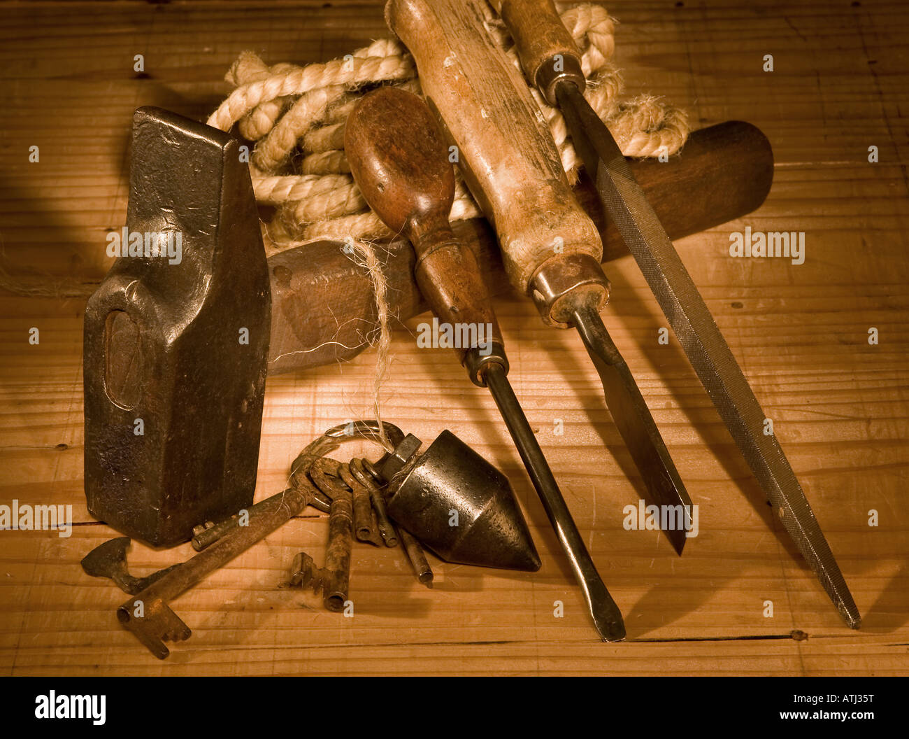 Vintage photo with still life of rusty tools Stock Photo - Alamy