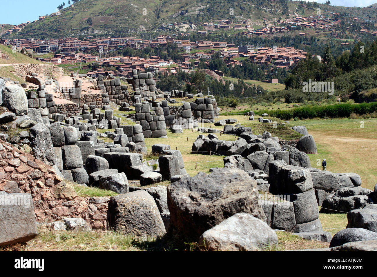 Inca carved stone walls at the military fort of Sacsayhuaman ruins in ...